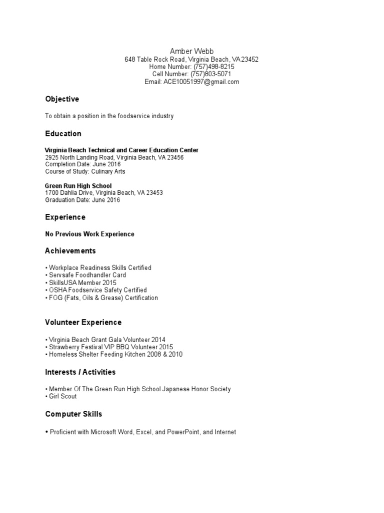 Culinary Arts Resume for Amber Webb | PDF | Career & Growth