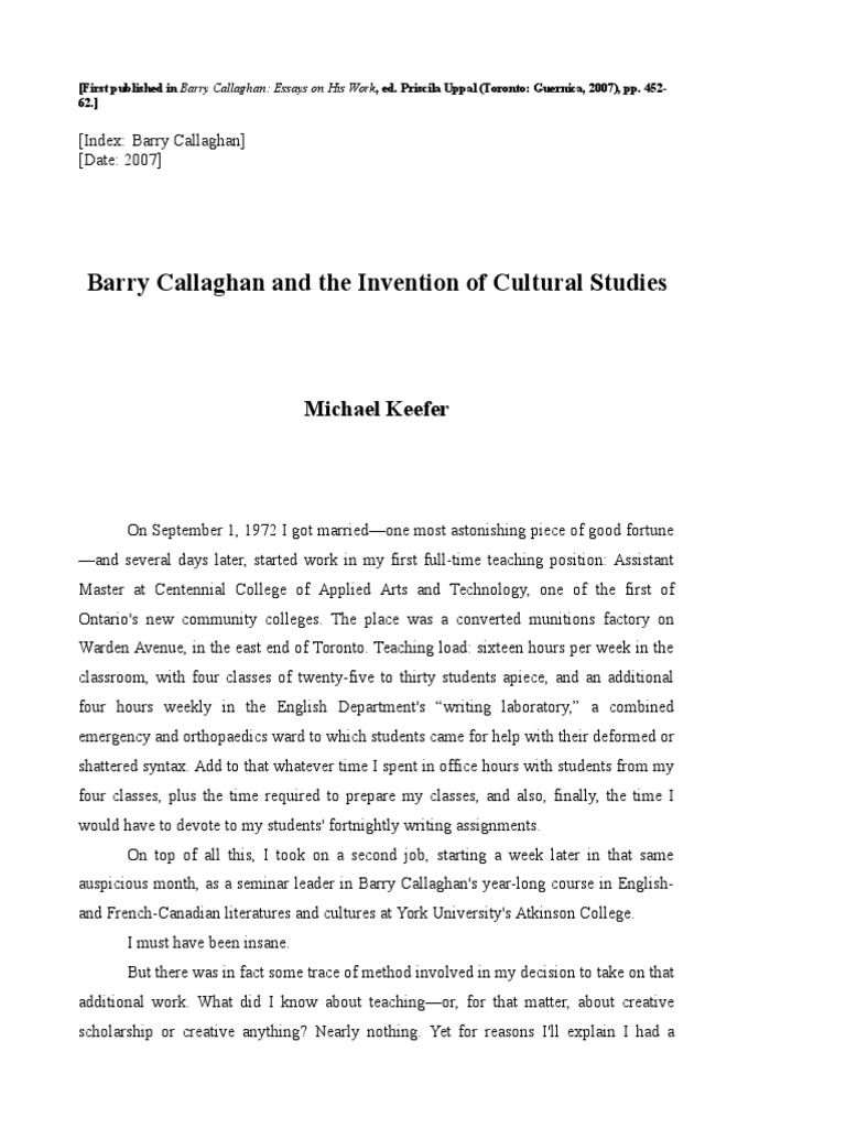 Barry Callaghan and The Invention of Cultural Studies | PDF | Further ...