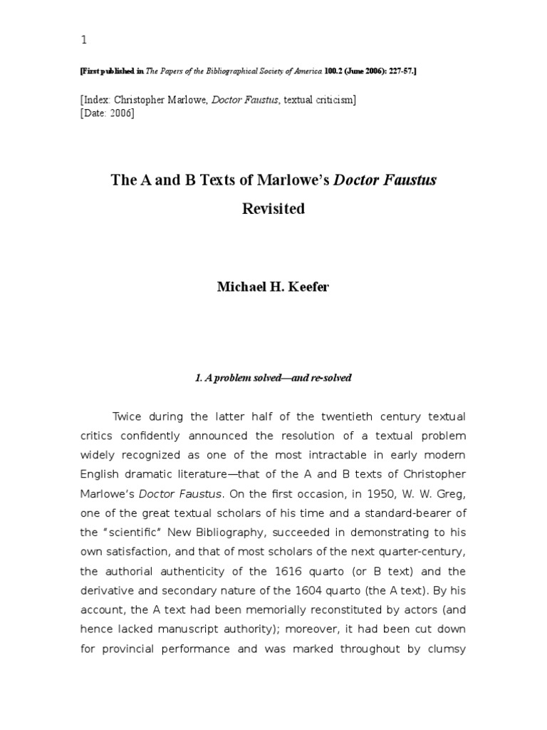 The A and B Texts of Marlowe's Doctor Faustus Revisited | PDF | Textual ...