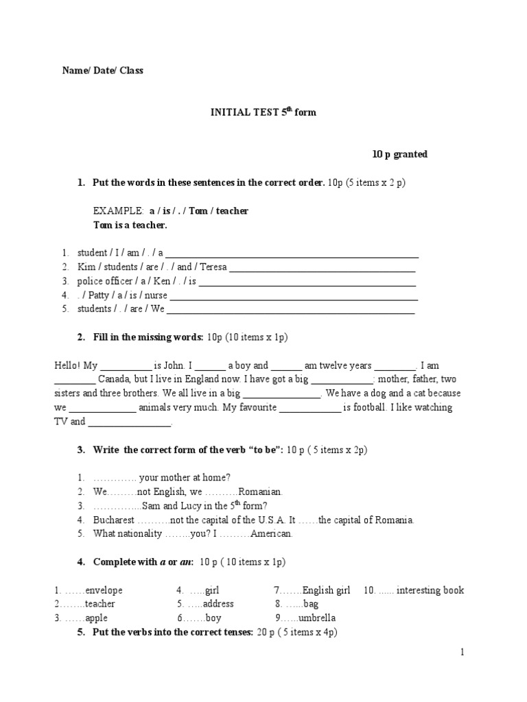 Initial Test 5th Grade | PDF
