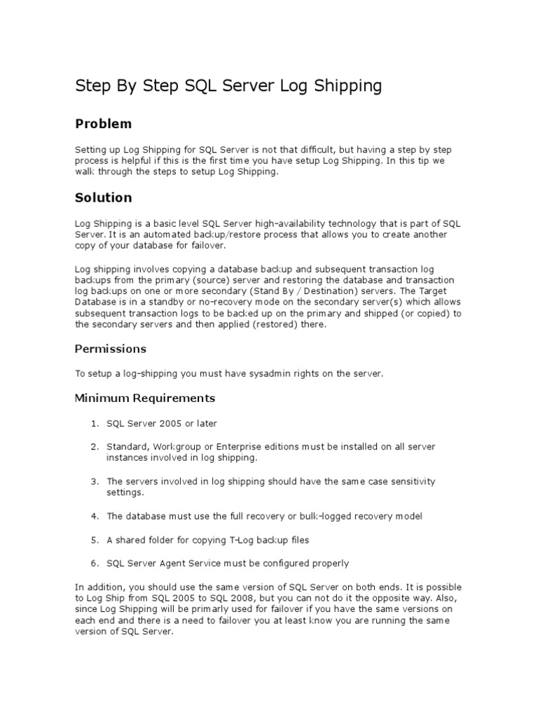 Step by Step SQL Server Log Shipping | PDF | Databases | Backup