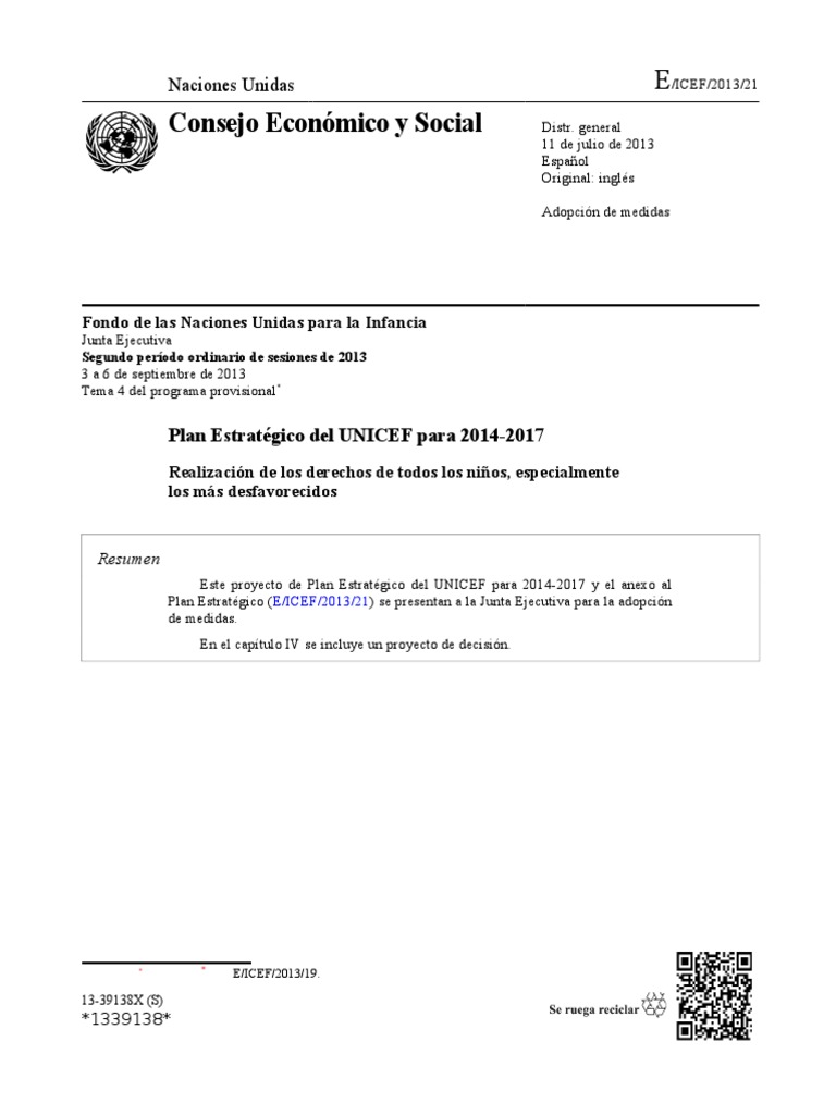 Plan Estratégico UNICEF | PDF | Unicef | Naciones Unidas
