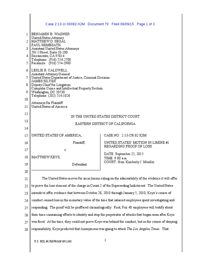 USA v. Keys: Plaintiff Motions in Limine | PDF | Hearsay | Prosecutor