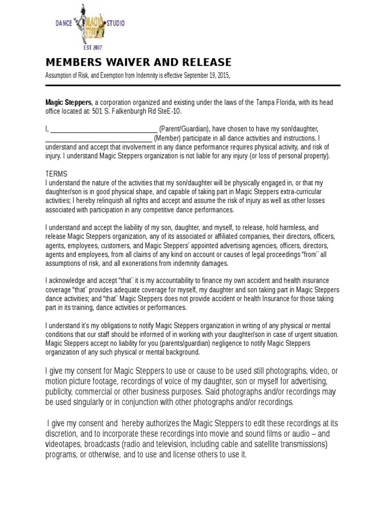 Magicsteppers Waiver and Release Forms | PDF | Indemnity | Insurance