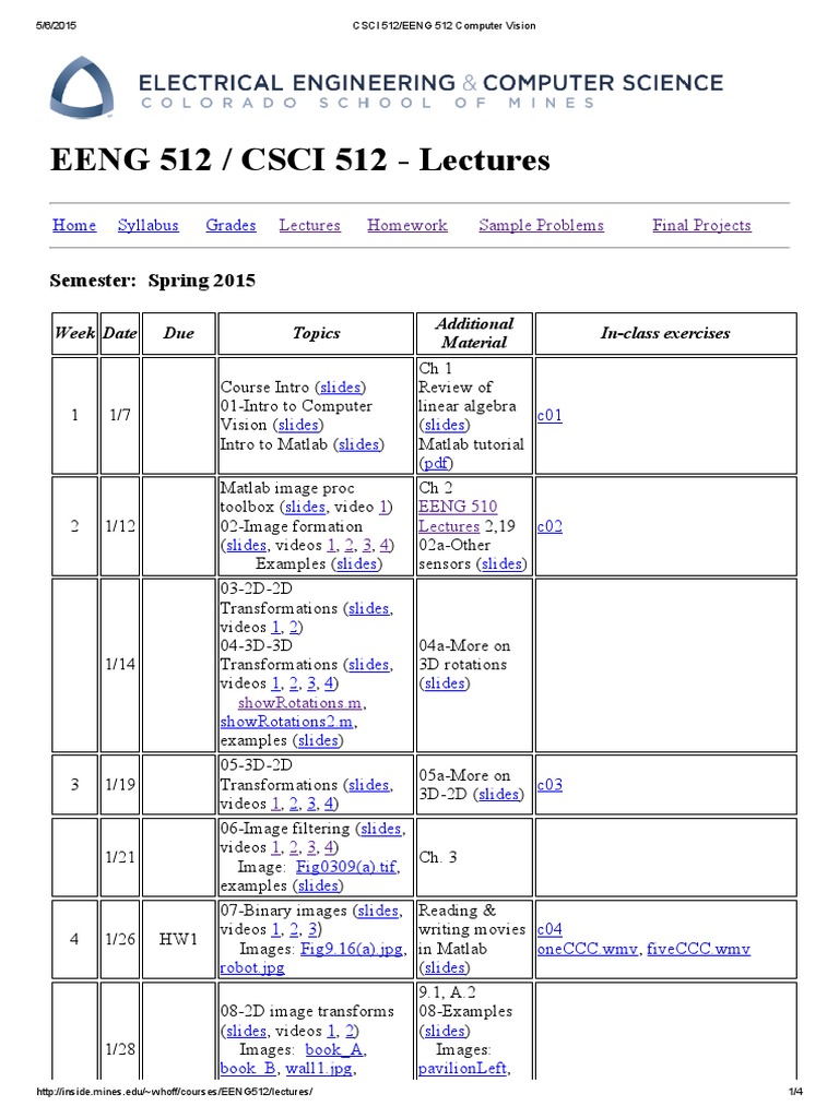 EENG 512: Computer Vision Course Overview | PDF | Computer Vision ...