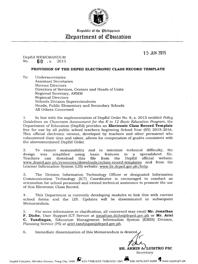 DM 60, s2015 Provision of DepED Electronic Class Record Template | PDF