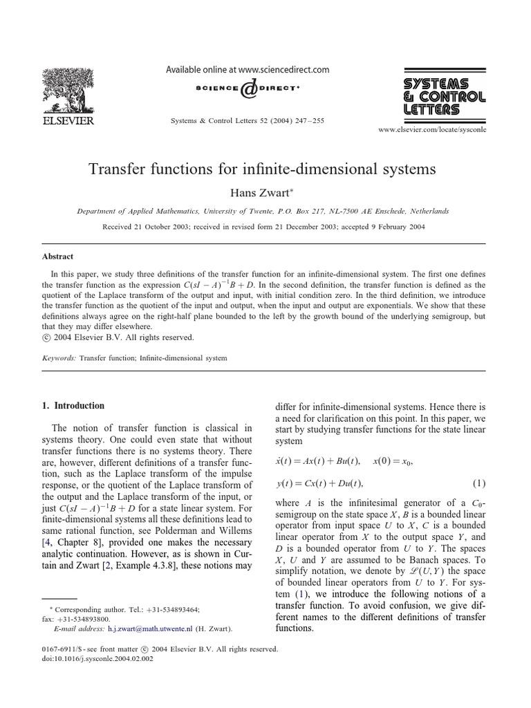 Transfer Functions For Infinite Dimensional Systems Pdf Laplace