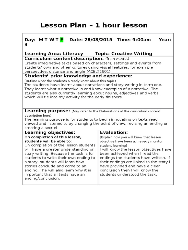 Lesson Plan - Primary 1 Hour | PDF | Narrative | Lesson Plan