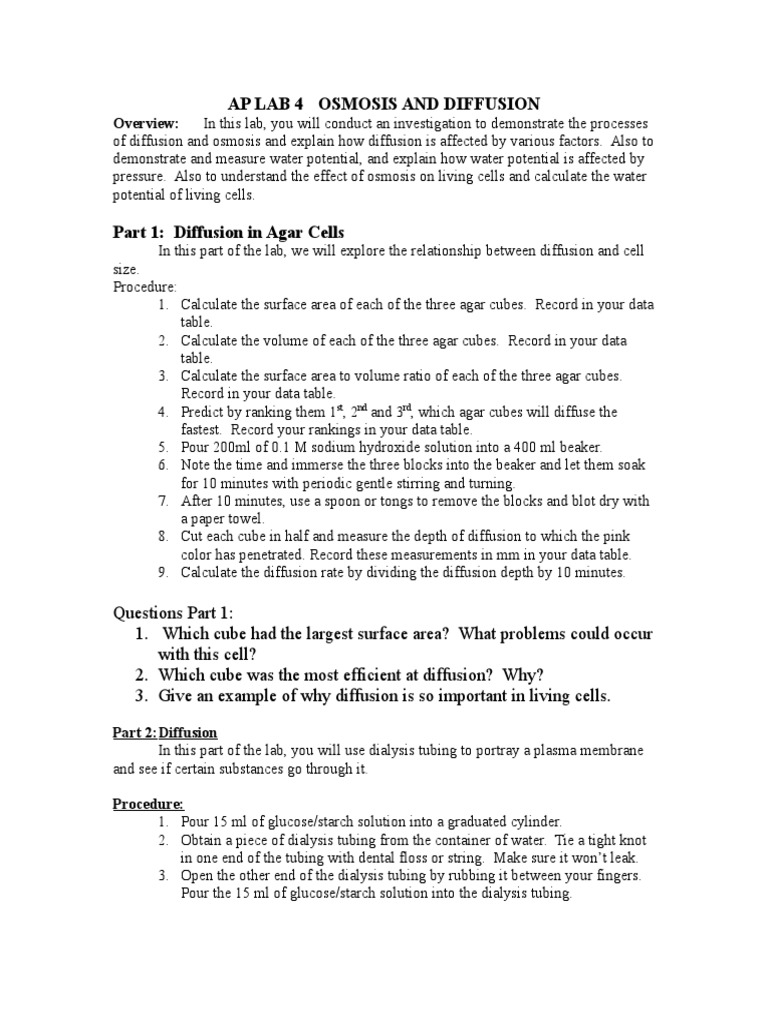AP Lab 4 Diffusion and Osmosis | PDF | Osmosis | Hemodialysis