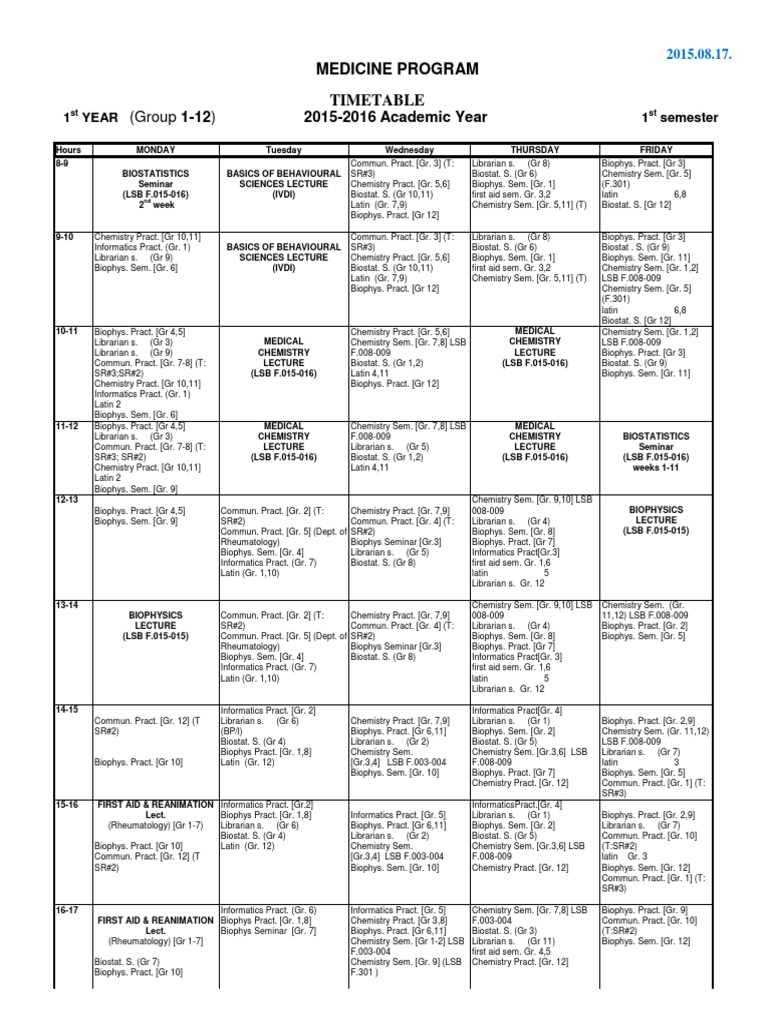 (Group 1-12) : Medicine Program Timetable 2015-2016 Academic Year | PDF ...