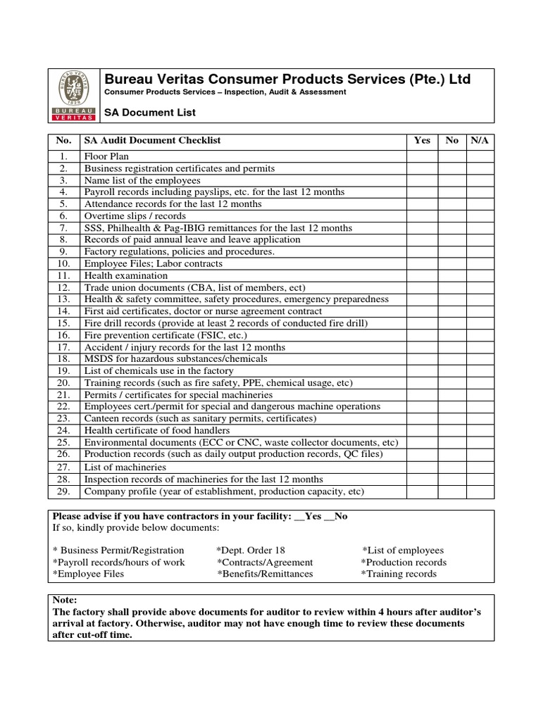 Bureau Veritas Consumer Products Services (Pte.) LTD: SA Document List ...