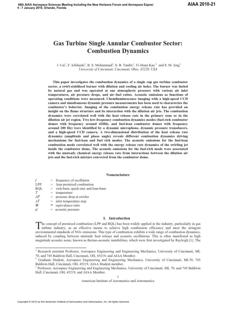 Gas Turbine Single Annular Combustor Sector: Combustion Dynamics | PDF ...