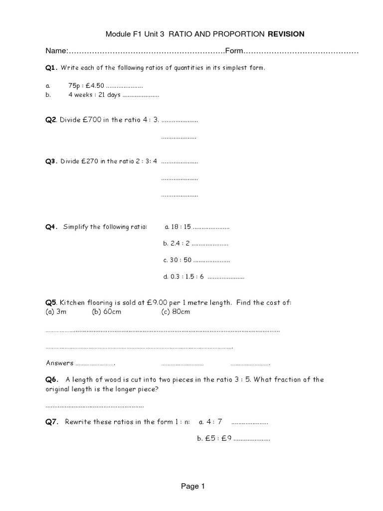Ratio And Proportion Revision Exercises Pdf