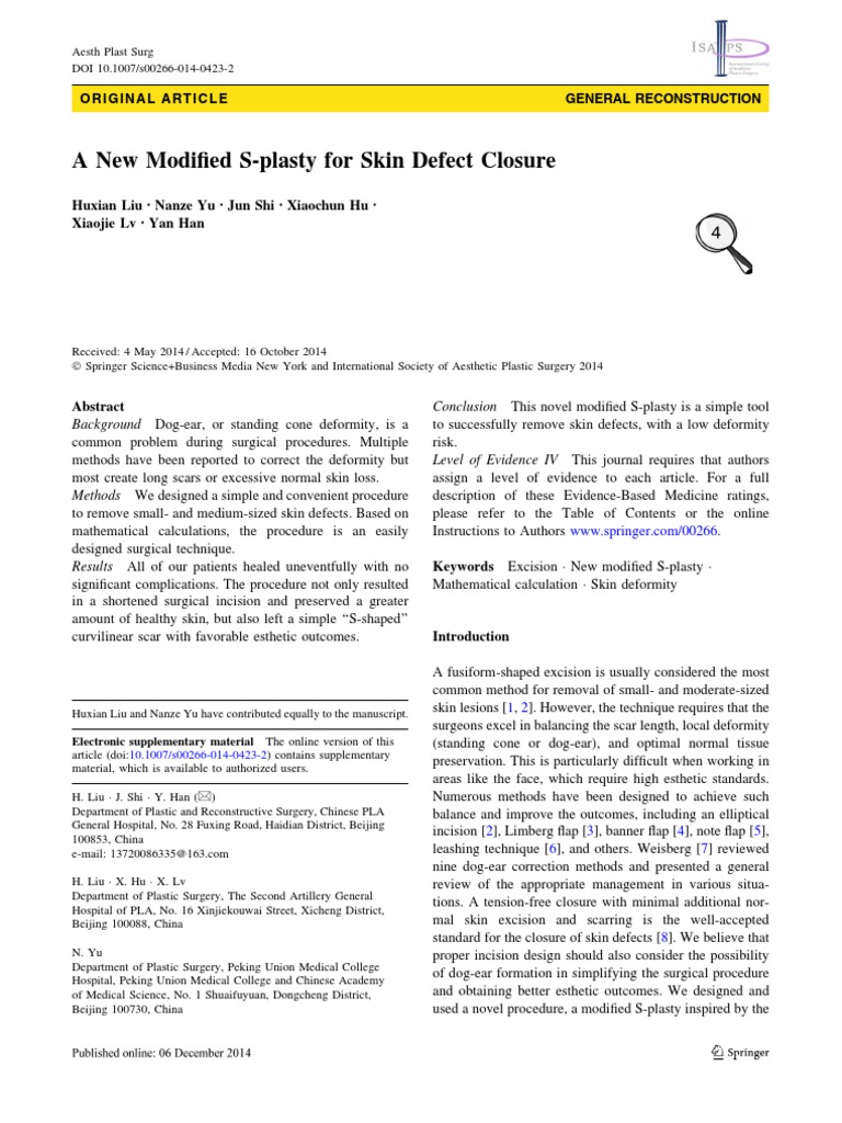 A New Modified S-plasty for Skin Defect Closure | Plastic Surgery | Surgery