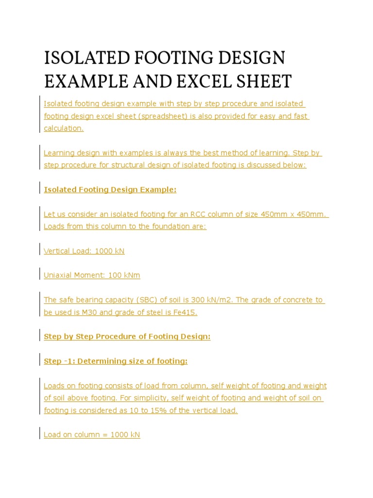 Isolated Footing Design Example and Excel Sheet | PDF | Bending | Column