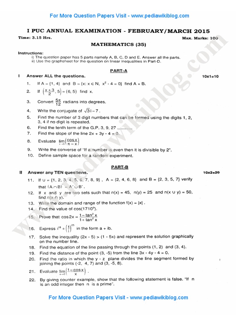 1st PU Mathematics March 2015 PDF | PDF | Trigonometric Functions | Sine