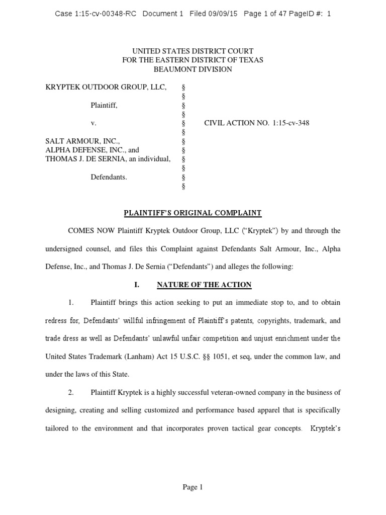 Kryptek v. Salt Armour - Complaint | PDF | Trade Dress | Patent ...