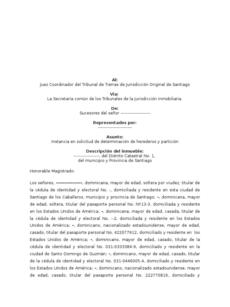 MODELO Instancia en Solicitud de Determinación de Herederos y Partición ... MODELO Instancia en Solicitud de Determinación de Herederos y Partición ...