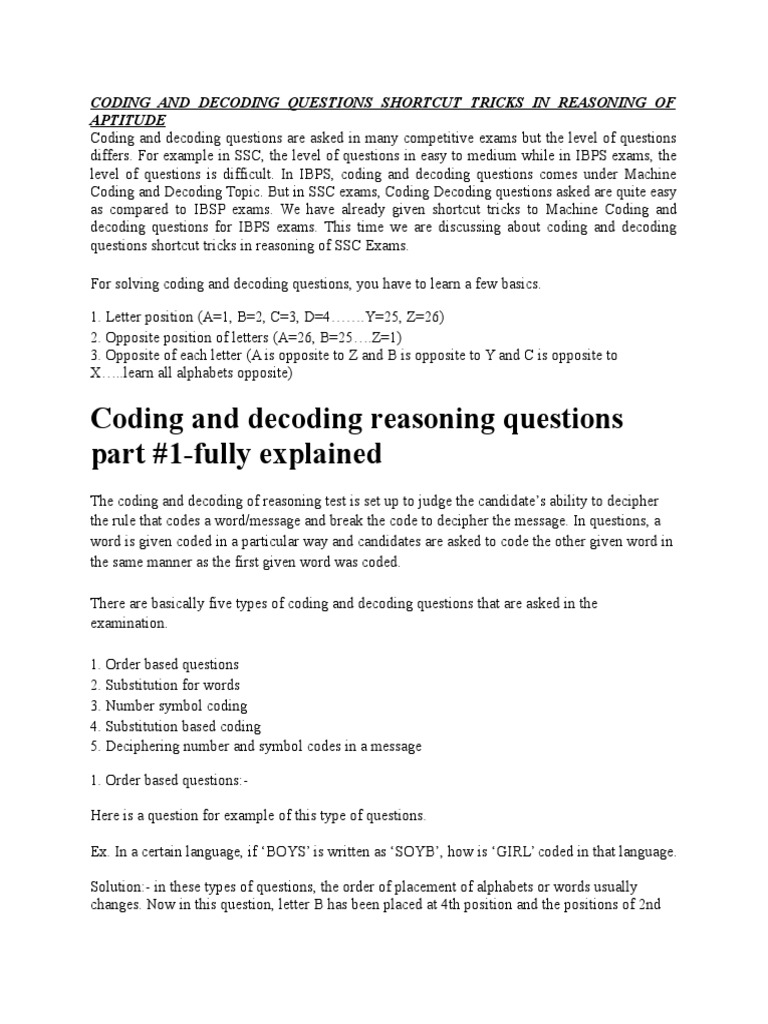 Coding And Decoding Questions Shortcut Tricks In Reasoning Of Aptitude