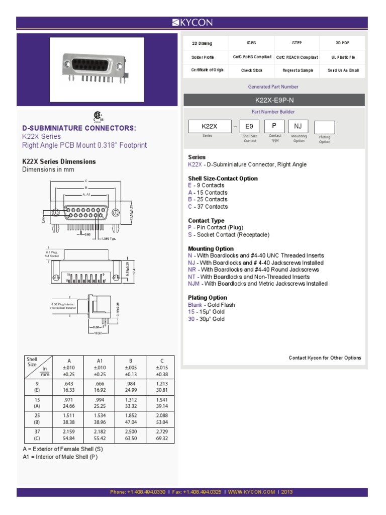 Right Angle PCB Mount 0.318 " Footprint: D-Subminiature Connectors | PDF