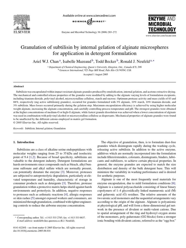 Granulation of Subtilisin by Internal Gelation of Alginate Microspheres ...