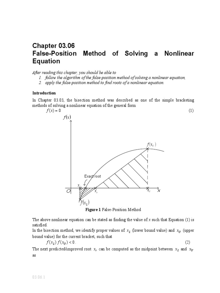 False Position Method Of Solving A Nonlinear Equation Exact Root Pdf Mathematics Of