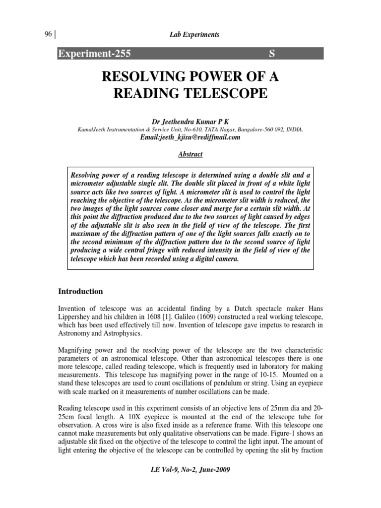Resolving Power of A Reading Telescope: Experiment-255 S | PDF | Angular Resolution | Diffraction