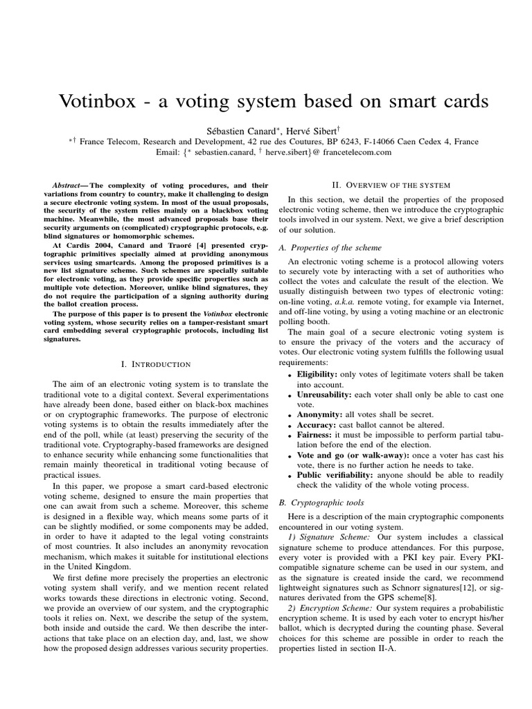 Votinbox - A Voting System Based On Smart Cards: S Ebastien Canard, Herv e Sibert | PDF | Key ...
