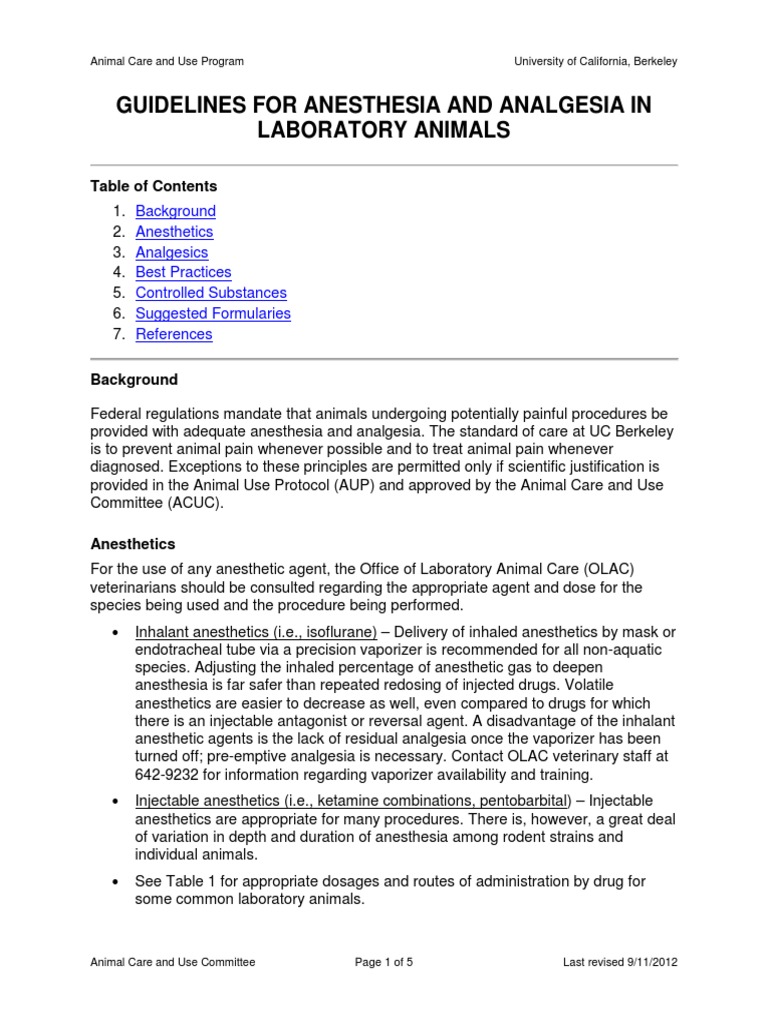 Guidelines For Anesthesia and Analgesia in Laboratory Animals | PDF ...