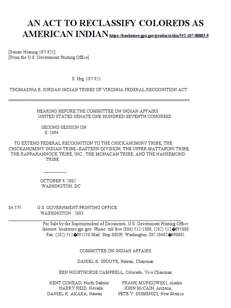 An Act To Reclassify Coloreds As American Indian | PDF | Native ...