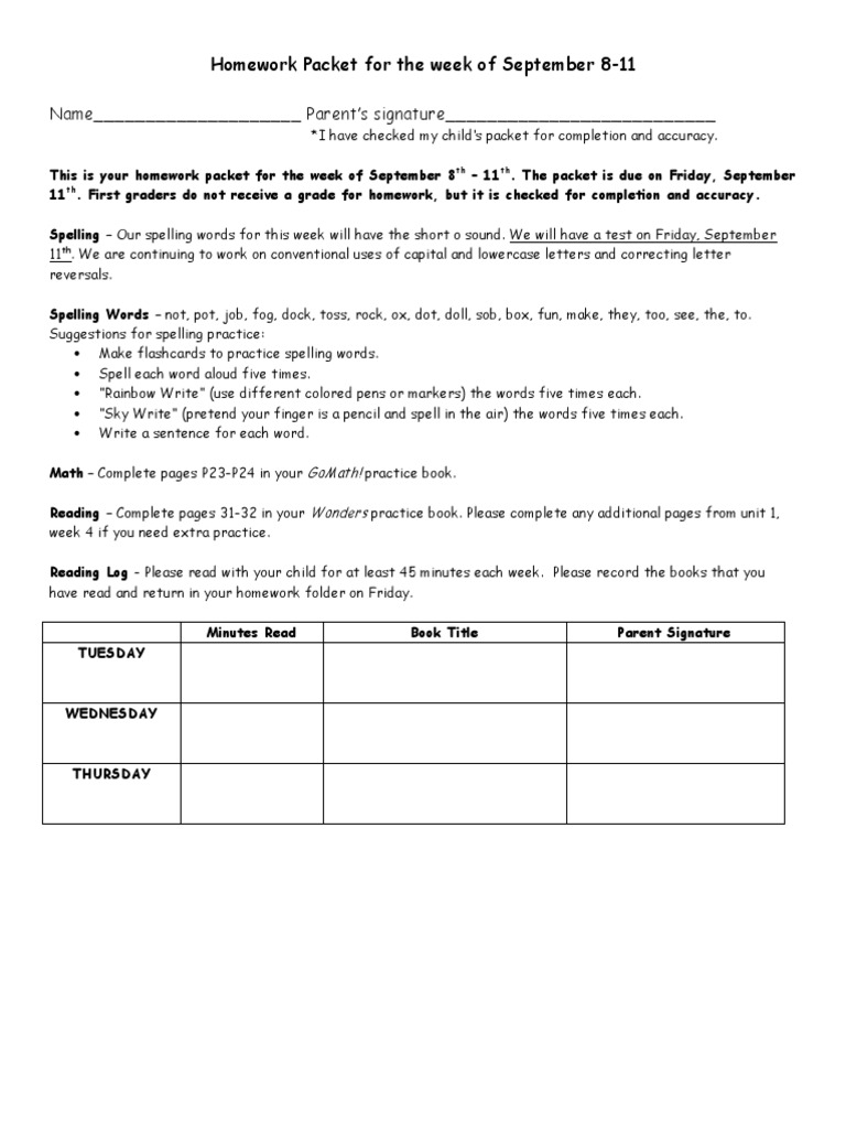 First Grade Homework Packet: Sept 8-11 | PDF | Language Arts & Discipline