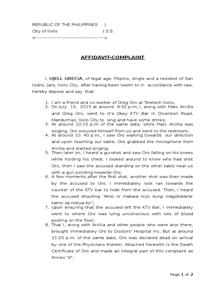 Complaint-Affidavit murder | Affidavit | Judiciaries