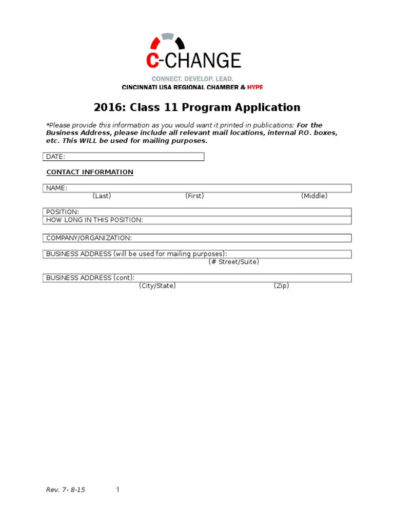 C-Change Program Application 2016 | PDF | Career & Growth