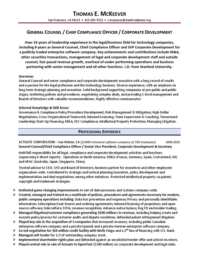 General Counsel Chief Legal Officer In San Francisco Bay CA Resume ...