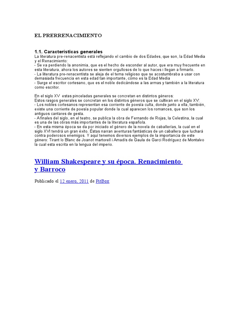 El Prerrenacimiento | PDF | William Shakespeare | Renacimiento