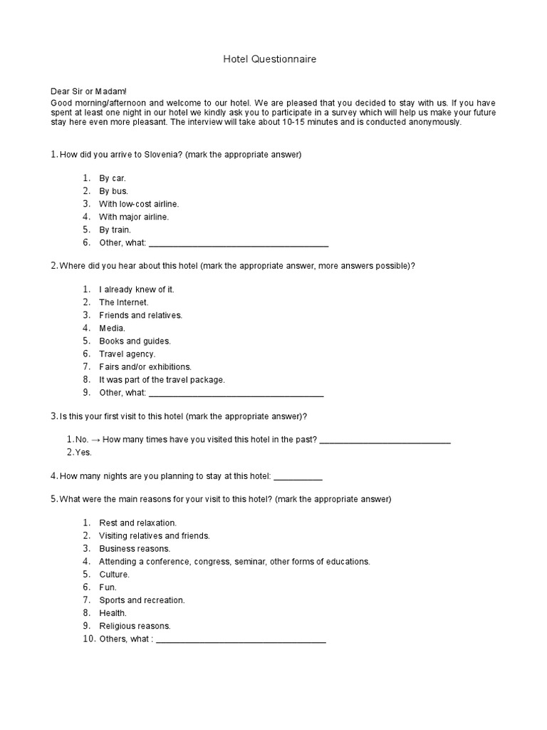 Hotel Questionnaire | PDF | Hotel | Business