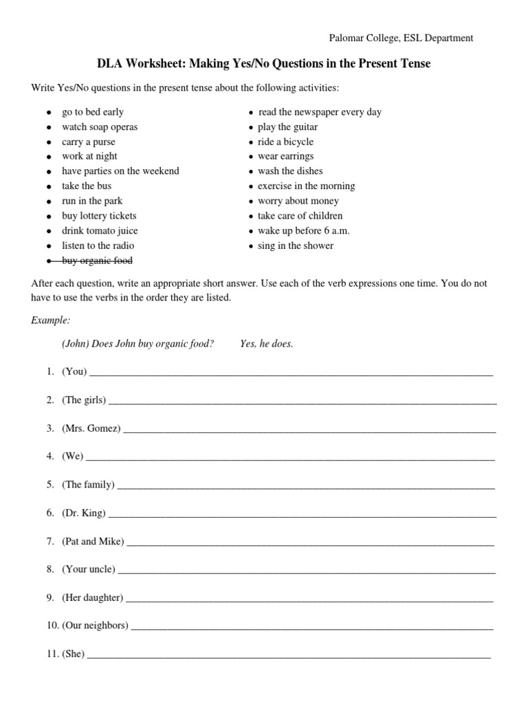 Yes/No Questions in Present Tense Worksheet | PDF | Language Arts ...