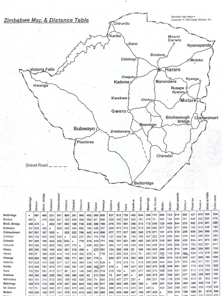 Zimbabwe Map With Distance Table | PDF