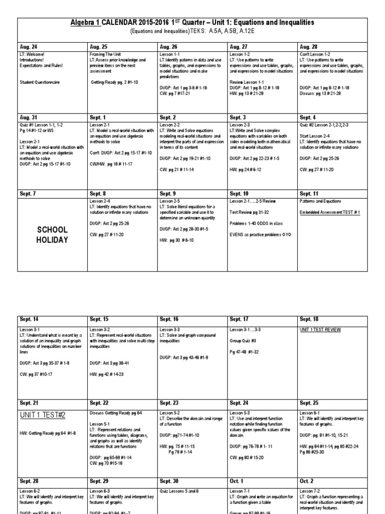 Algebra 1 1st 9 Weeks Calender | PDF | Equations | Function (Mathematics)