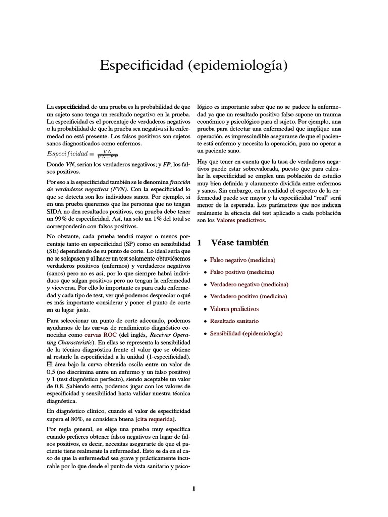 Especificidad en Epidemiología Médica | PDF | Sensibilidad y ...