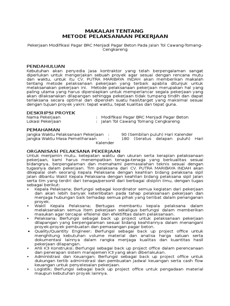 Metode Pelaksanaan Pekerjaan MODIFIKASI PAGAR BRC | PDF