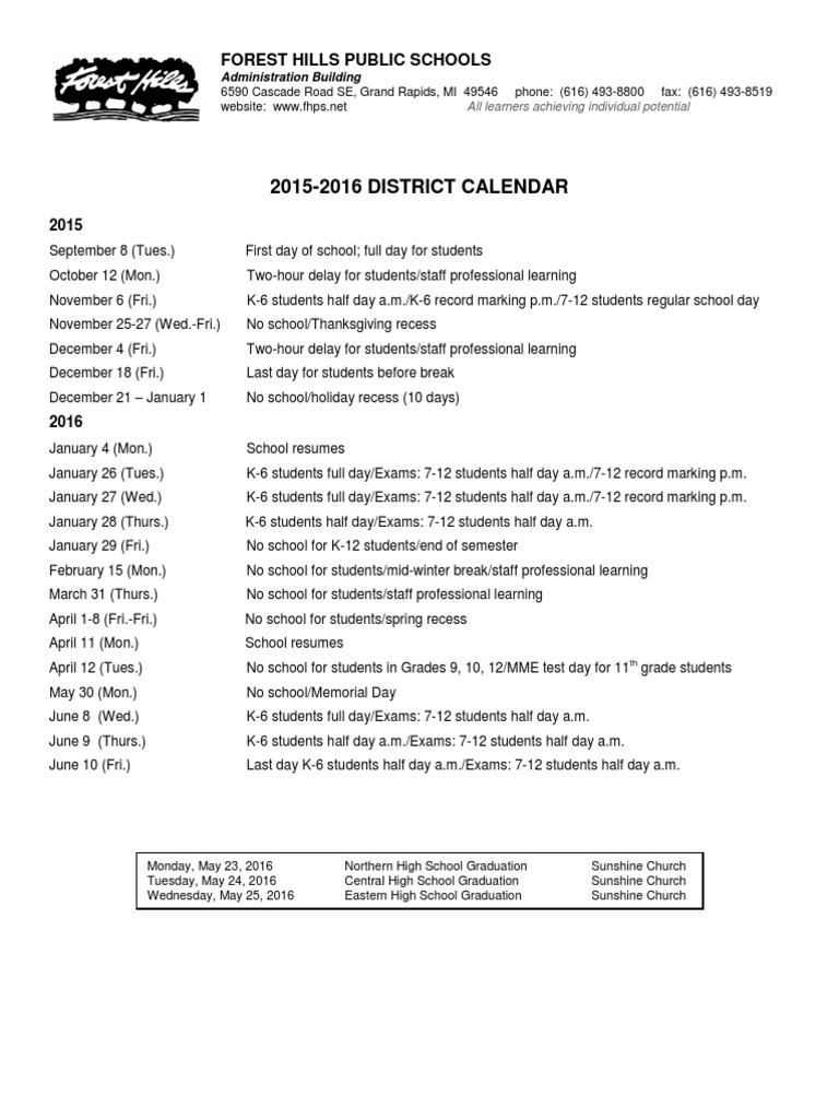 FHPS 2015-2016 School Calendar | PDF | Career & Growth