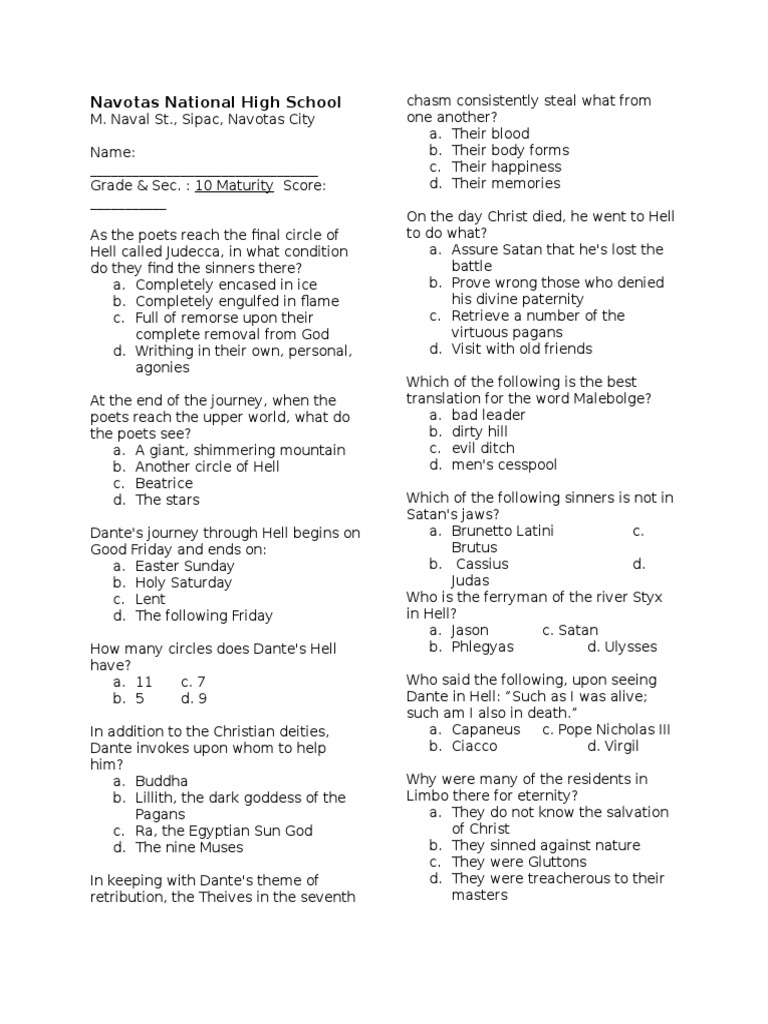 Dante's Inferno Quiz | PDF | Inferno (Dante) | Dante Alighieri