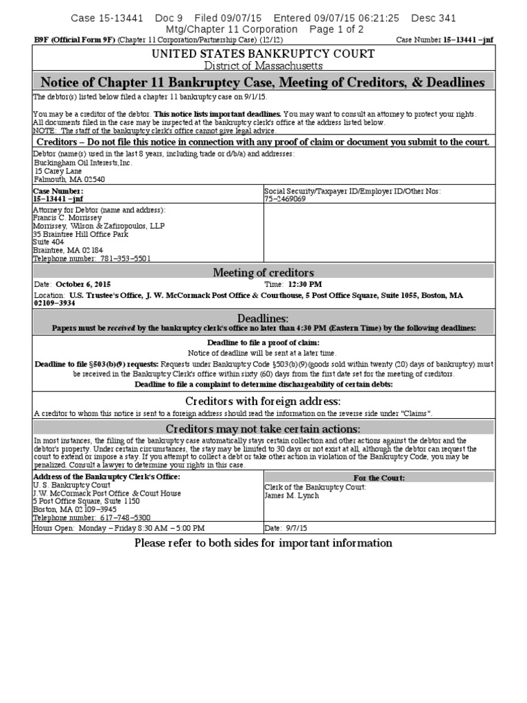 Notice of Chapter 11 Bankruptcy Case, Meeting of Creditors, & Deadlines ...