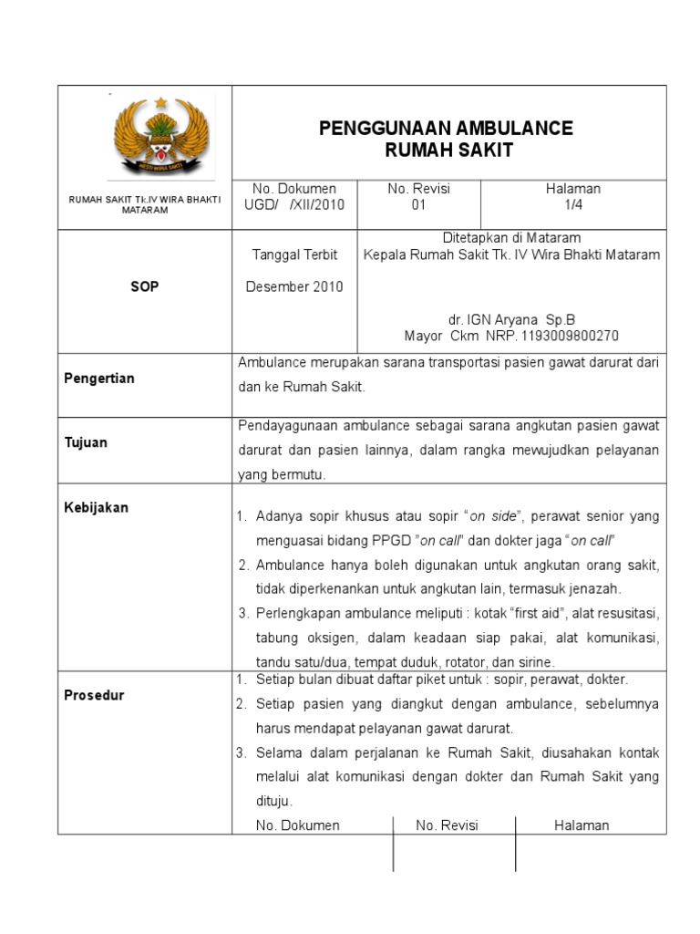 11.sop Penggunaan Ambulance Rumah Sakit - Hasrul | PDF
