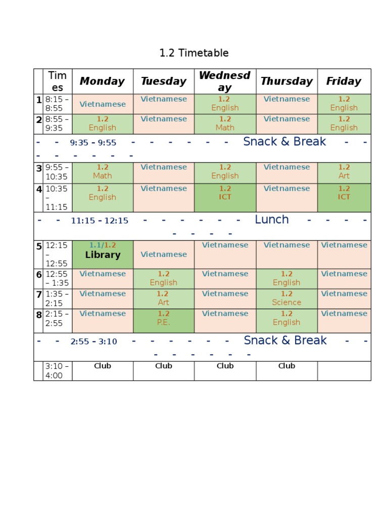 Monday Tuesday Wednesd Ay Thursday Friday: 1.2 Timetable Tim Es | PDF ...