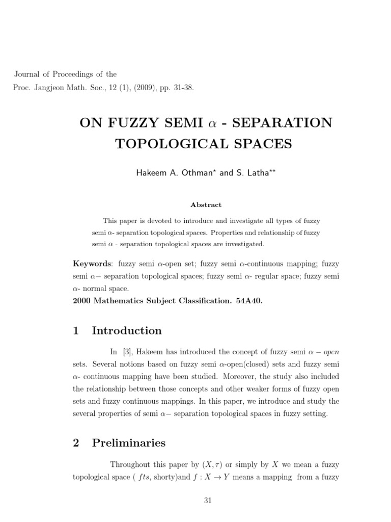 On Fuzzy Semi Alpha-Separation Axioms | PDF | Set (Mathematics) | Continuous Function