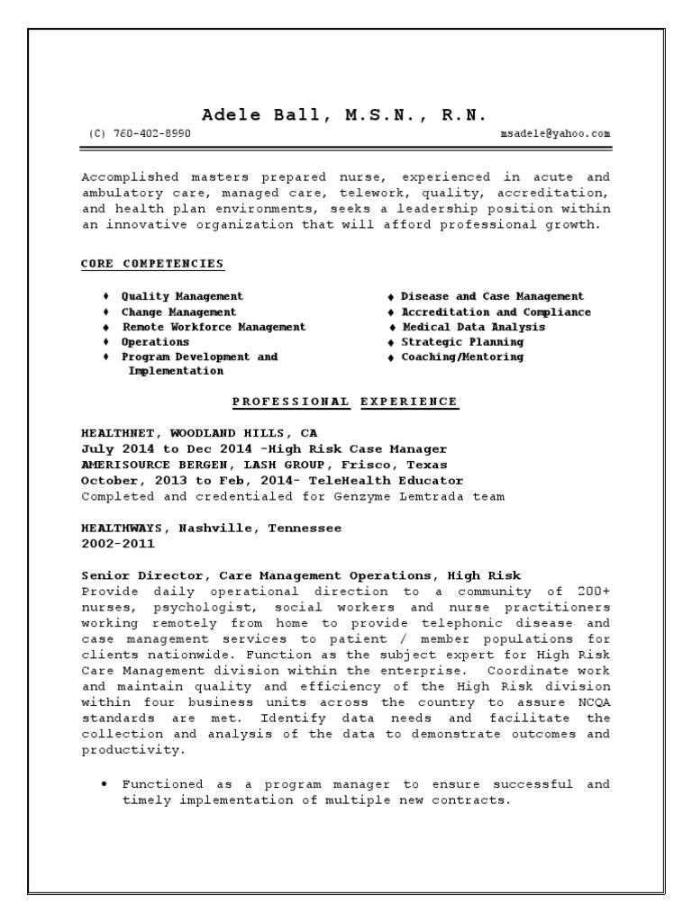 Manager Director Case Management in Carlsbad CA Resume Adele Ball ...