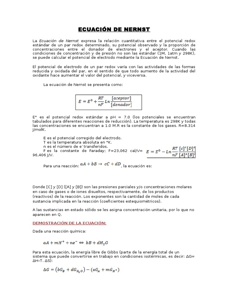 Ecuación de Nernst | PDF | Equilibrio químico | Química Física