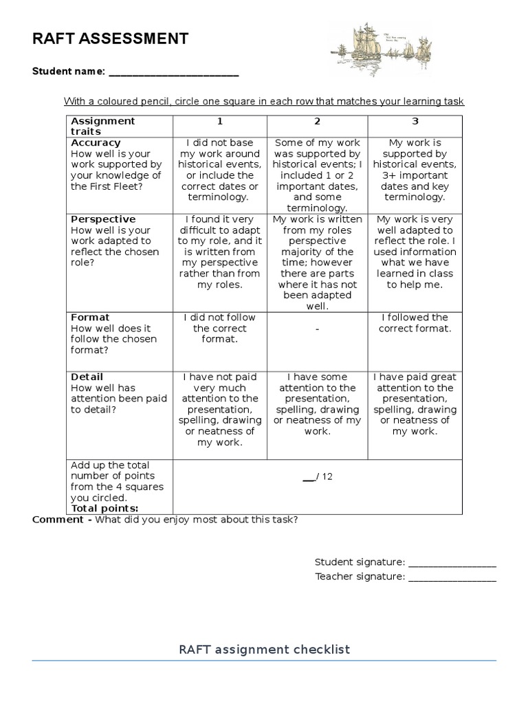 Raft Assessment: With A Coloured Pencil, Circle One Square in Each Row ...